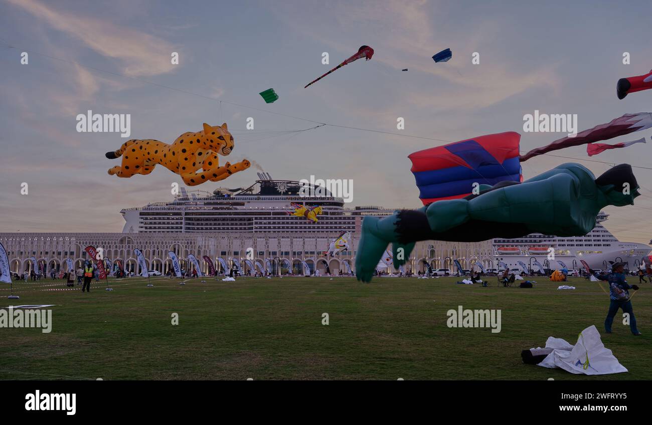 Qatar Kite Festival 2024 in Old Doha port (Mina District) sunset shot ...