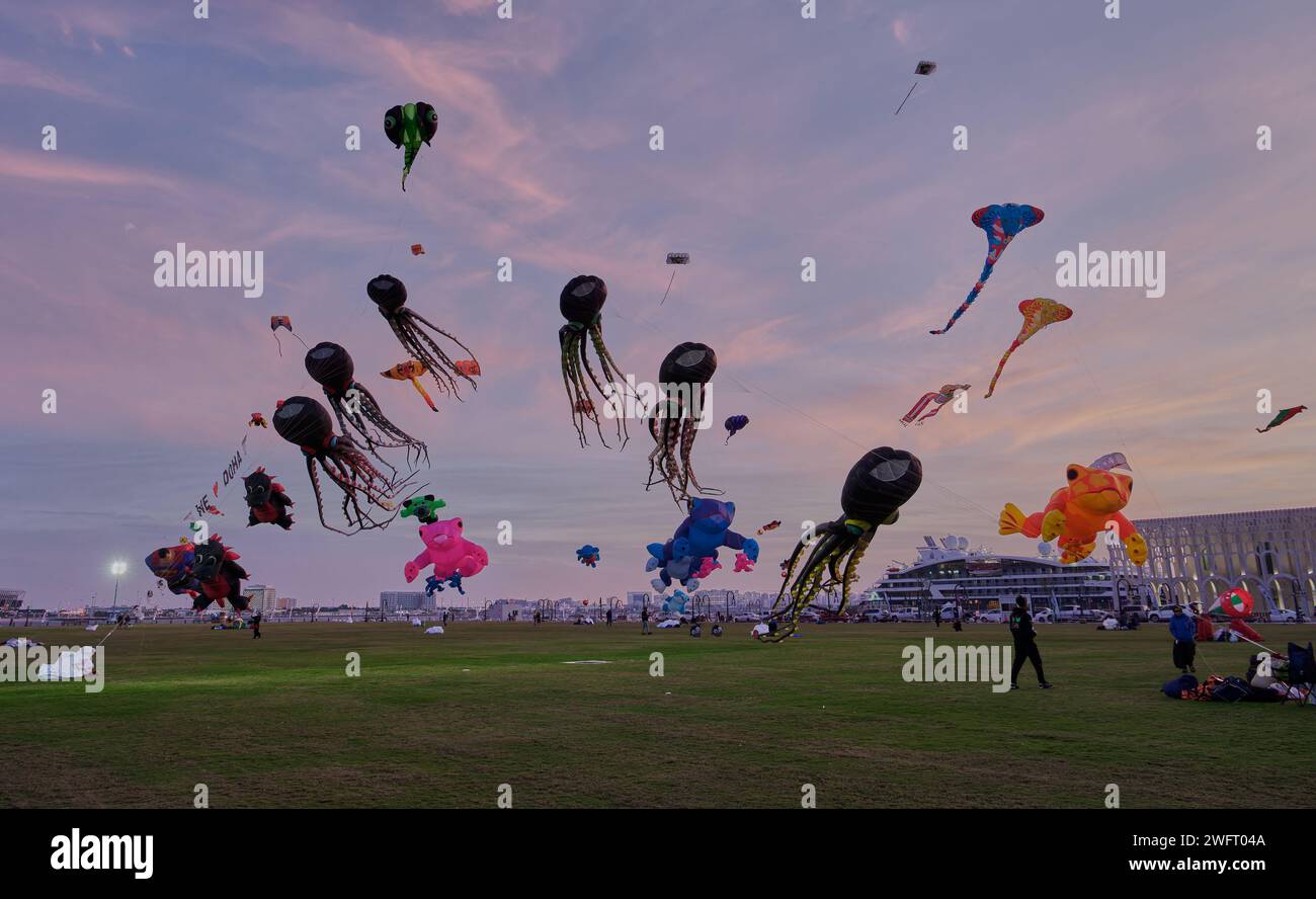 Qatar Kite Festival 2024 in Old Doha port (Mina District) sunset shot ...