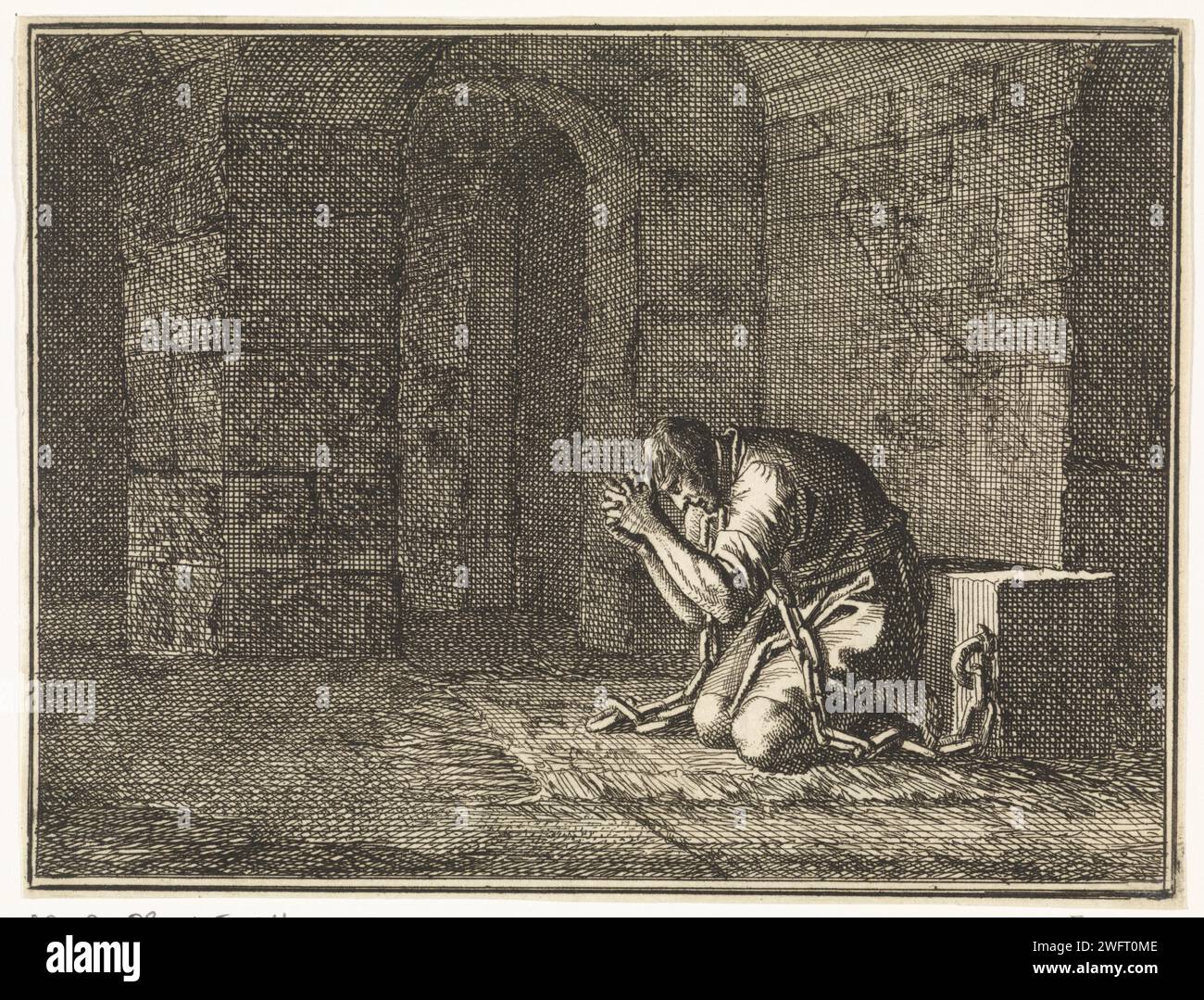 Manasse turns in prison, Jan Luyken, 1712 print Amsterdam paper etching ...