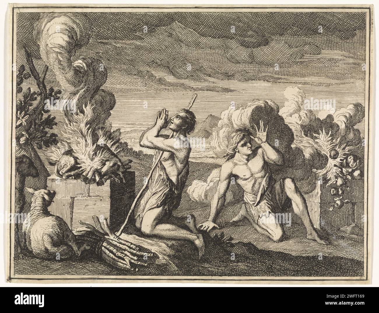 Offer from Cain and Abel, Caspar Luyken, 1712 print Amsterdam paper etching the fume of Abel's ...