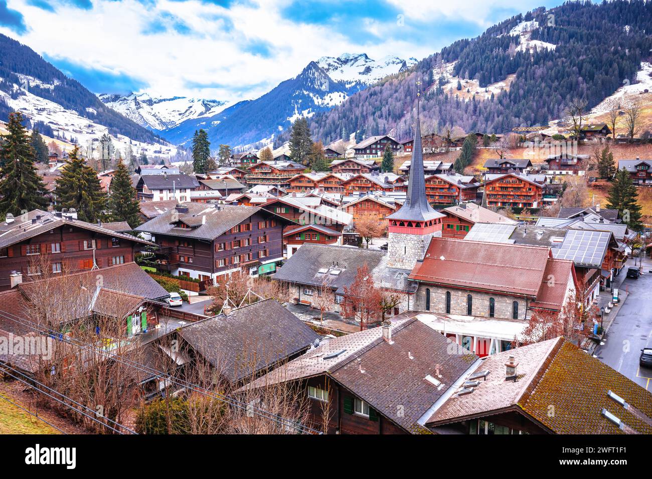 Idyllic village of Gstaad rooftops view, luxury winter destination in ...