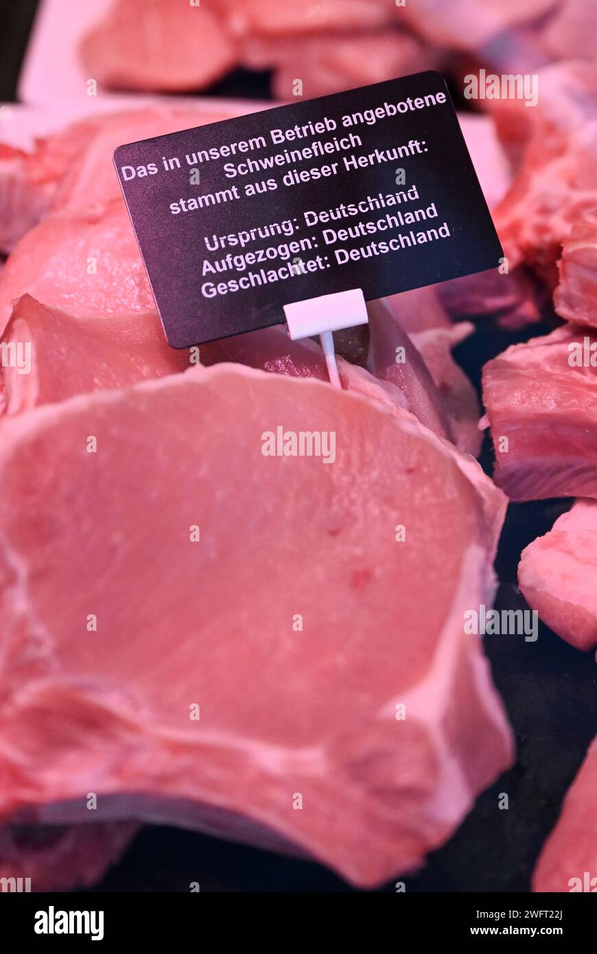 01 February 2024, Berlin: Fleischerei Mischke has labeled its meat ...