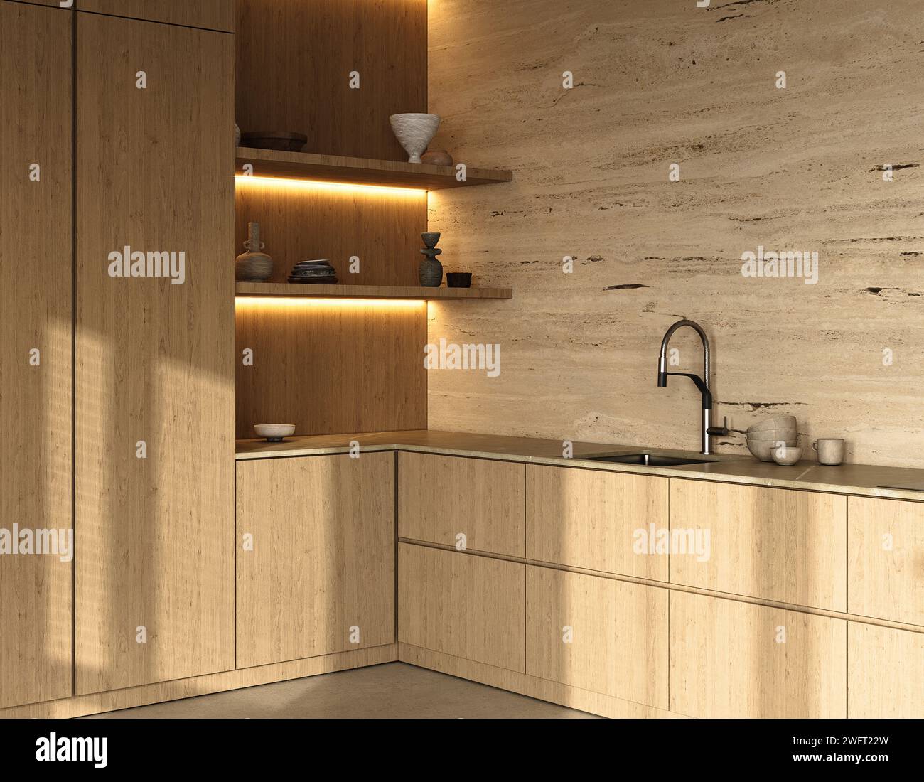 Modern minimalist kitchen with warm wood finishes and ambient lighting ...