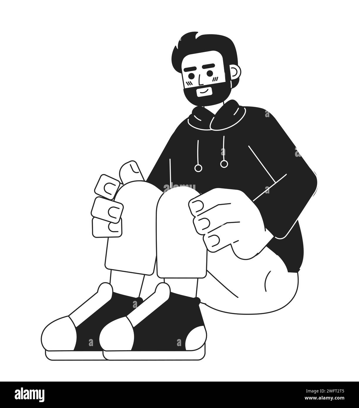Sitting caucasian bearded man black and white 2D cartoon character ...