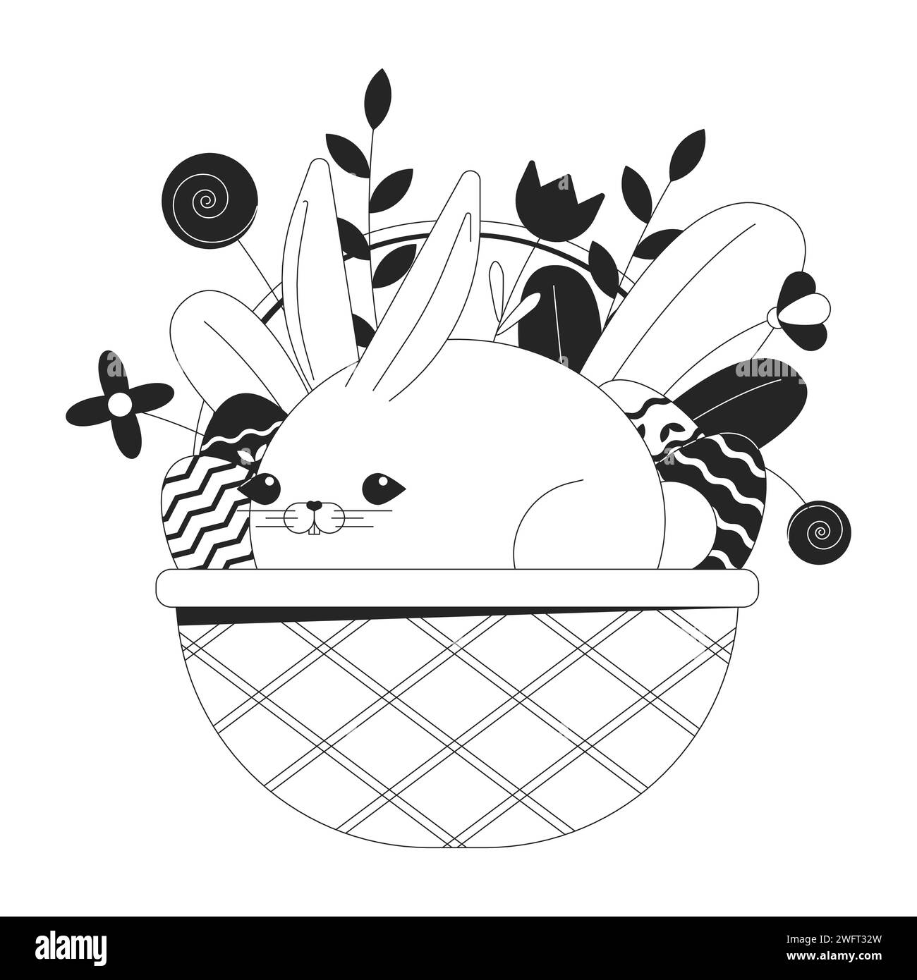 Rabbit Easter basket black and white 2D illustration concept Stock ...