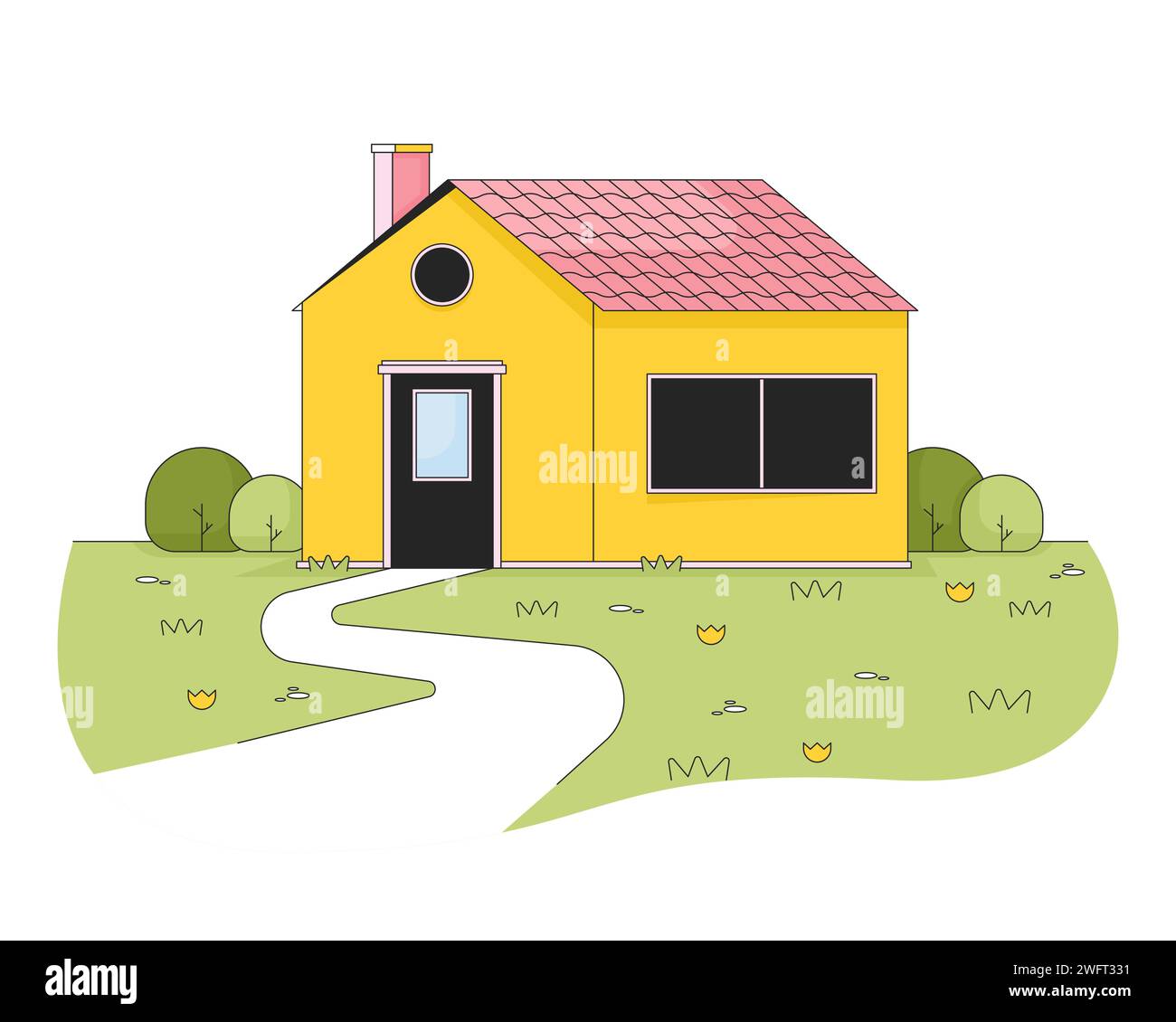 Farmhouse green grass line cartoon flat illustration Stock Vector Image ...