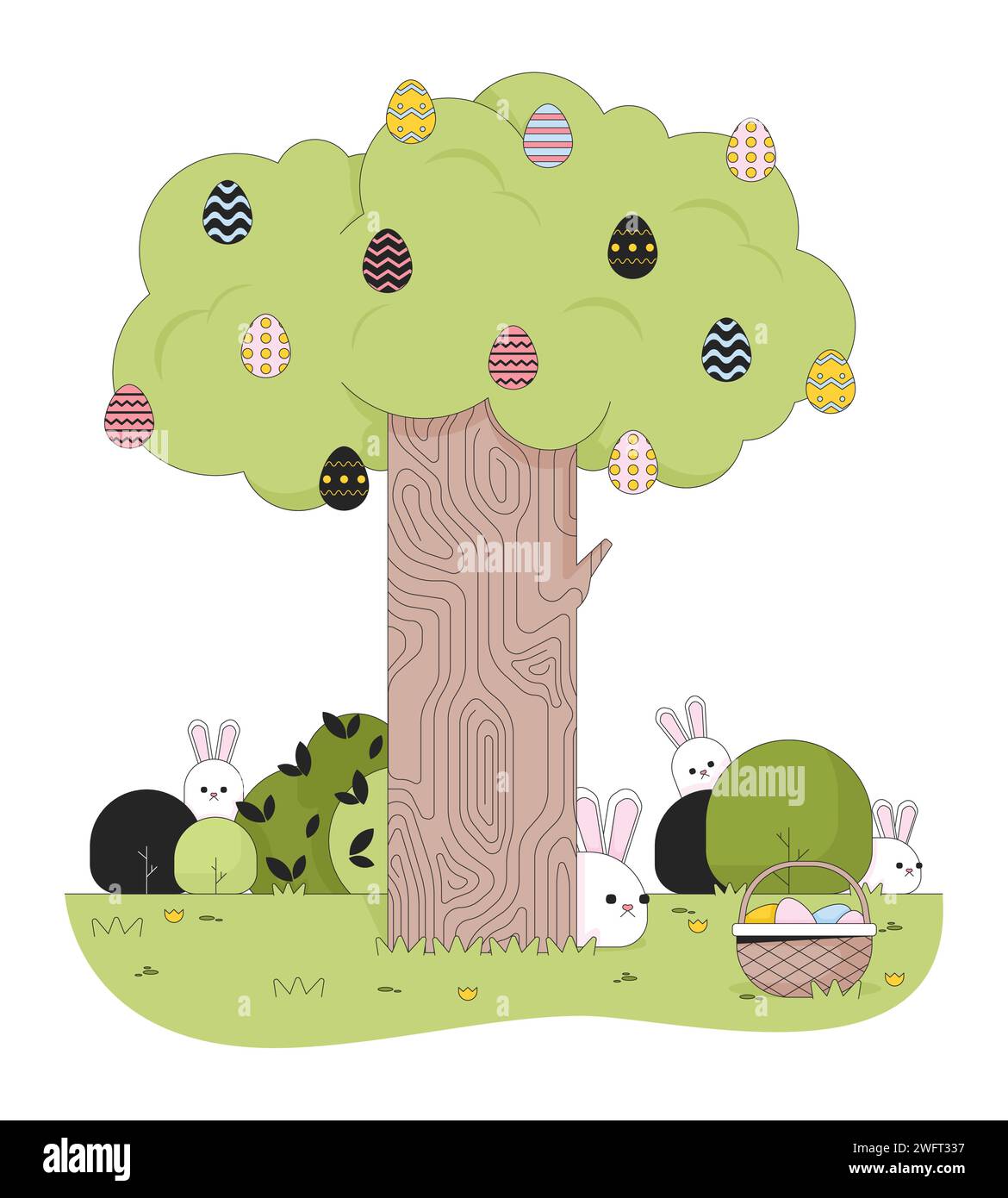 Easter bunnies tree springtime line cartoon flat illustration Stock ...