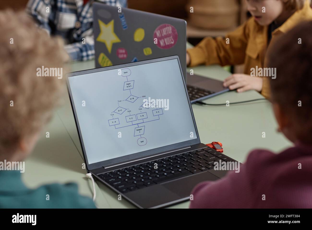 Over shoulder view at kids looking at laptop screen with computer ...