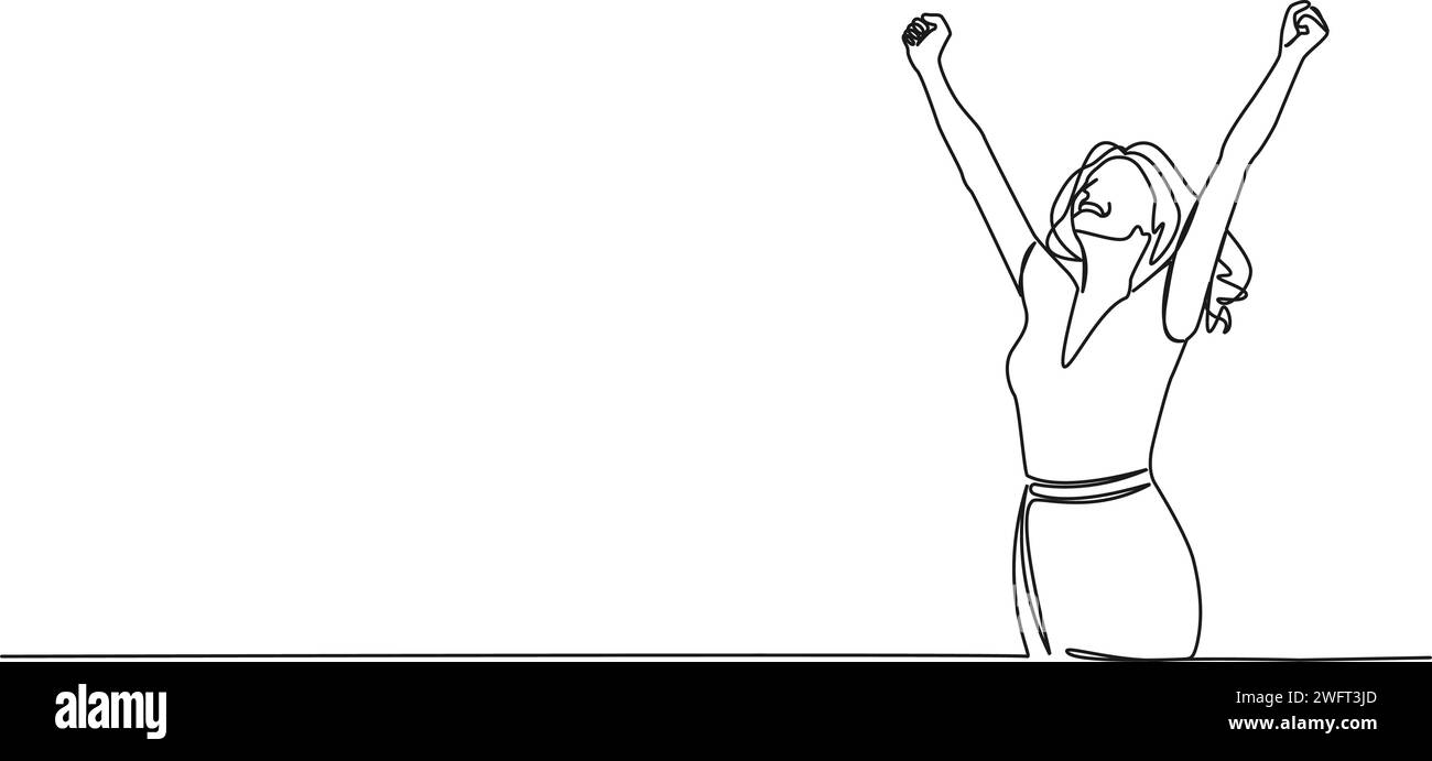 continuous single line drawing of cheering happy woman with raised arms ...