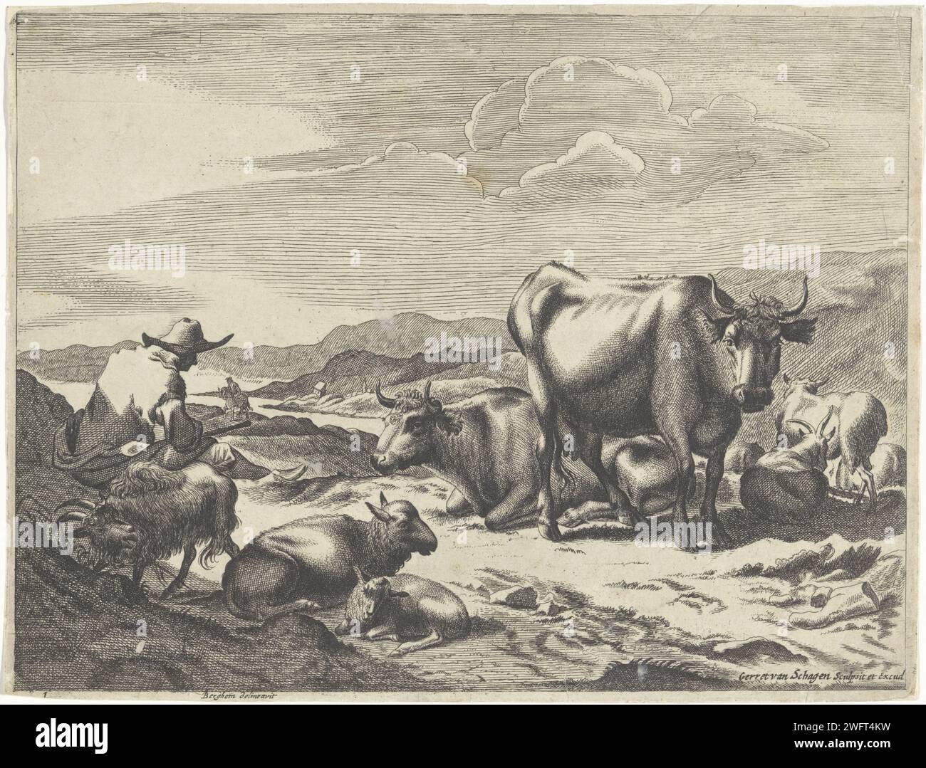 Shepherd with goats, sheep and cows, Gerrit Lucasz van Schagen, after ...