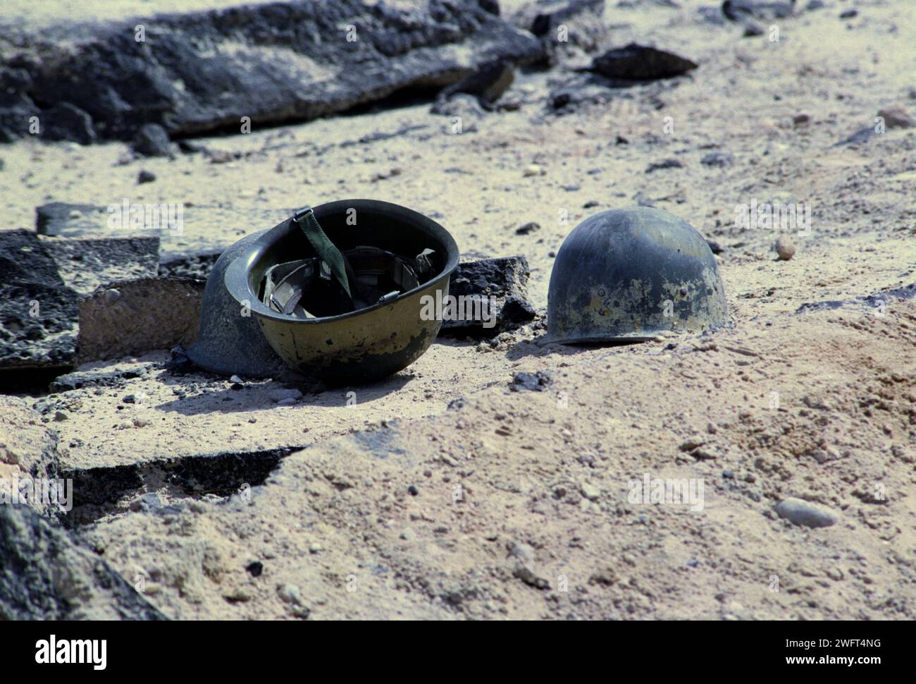 First Gulf War: 4th March 1991 Disgarded Iraqi soldiers’ helmets in the ...