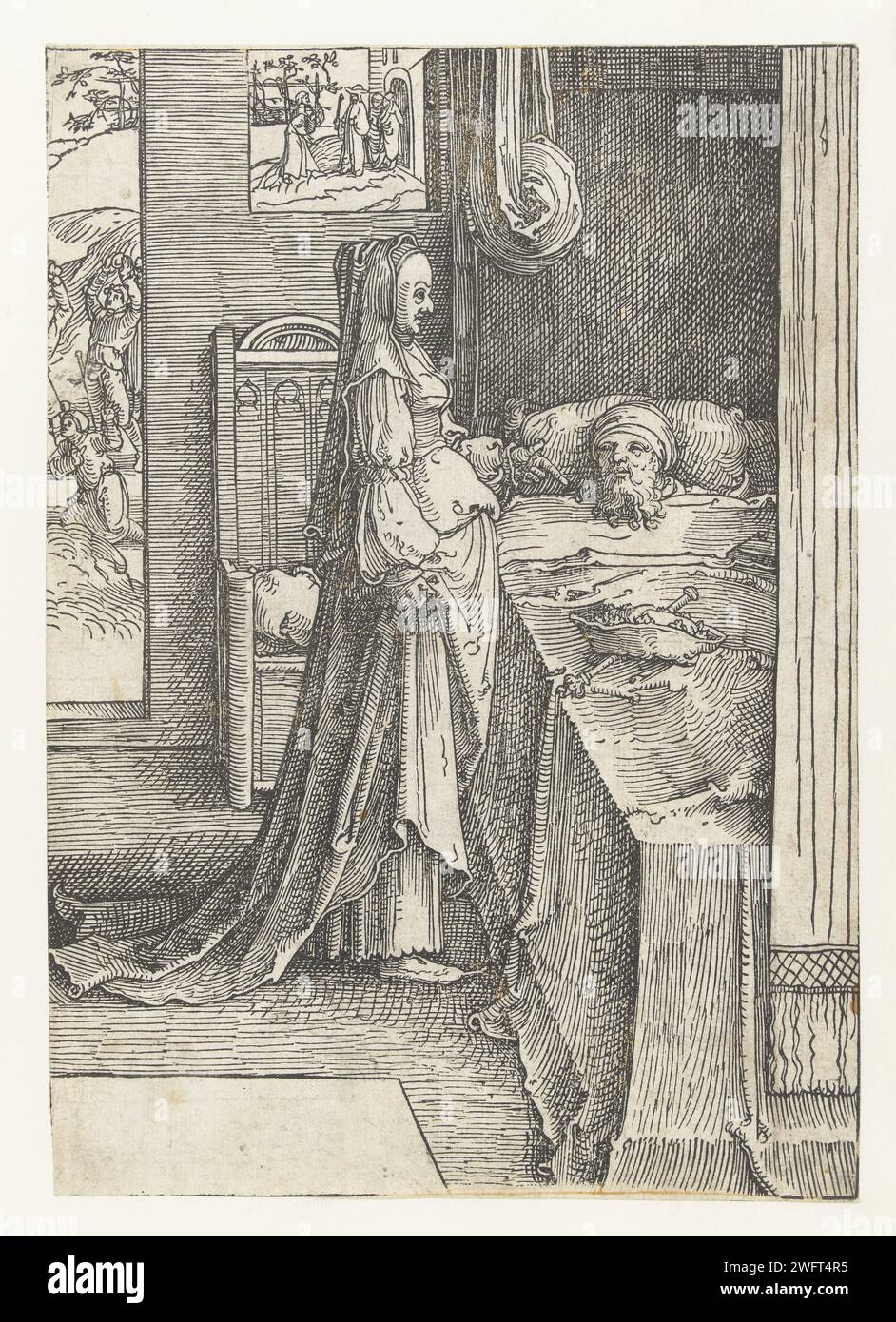 Izebel and King Achab, Lucas van Leyden, 1515 - 1519 print Three scenes ...