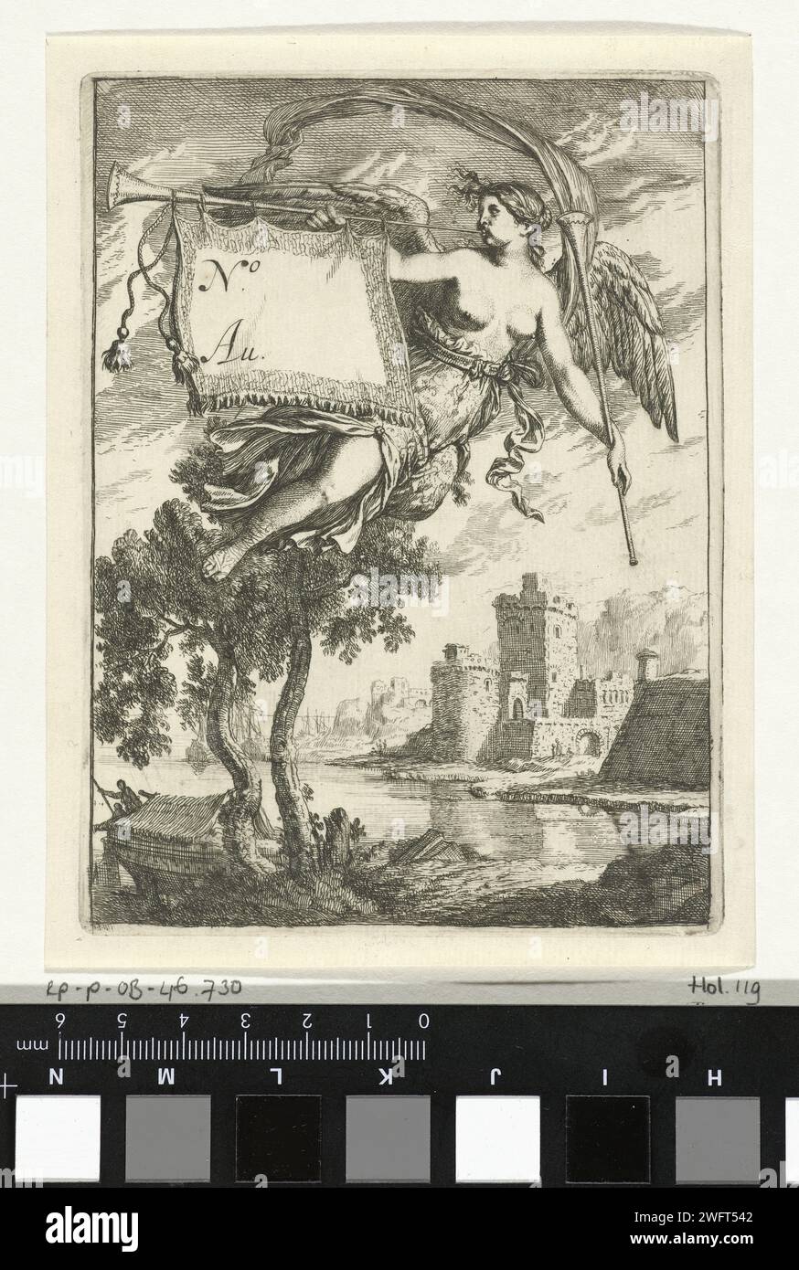 Faam blows De Bazuin, Gerard de Lairesse, 1670 print Faam flies above a ...