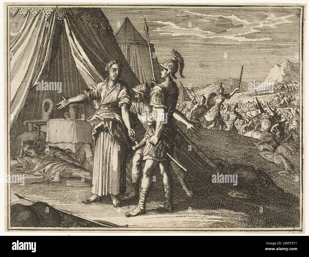 Jaël shows Barak the dead body of Sisera, Caspar Luyken, 1712 print ...
