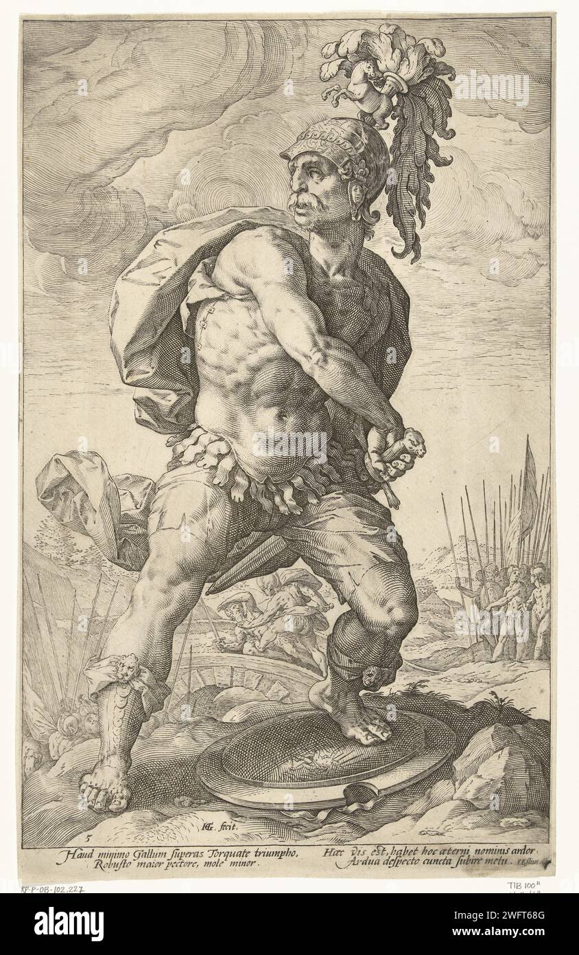 Titus Manlius, 1586 print The hero Titus Manlius Torquatus, while ...