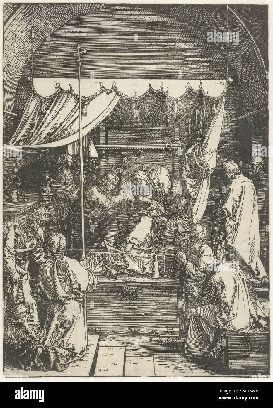 Deathbed of Maria, Albrecht Dürer, 1510 print Maria is in a four ...