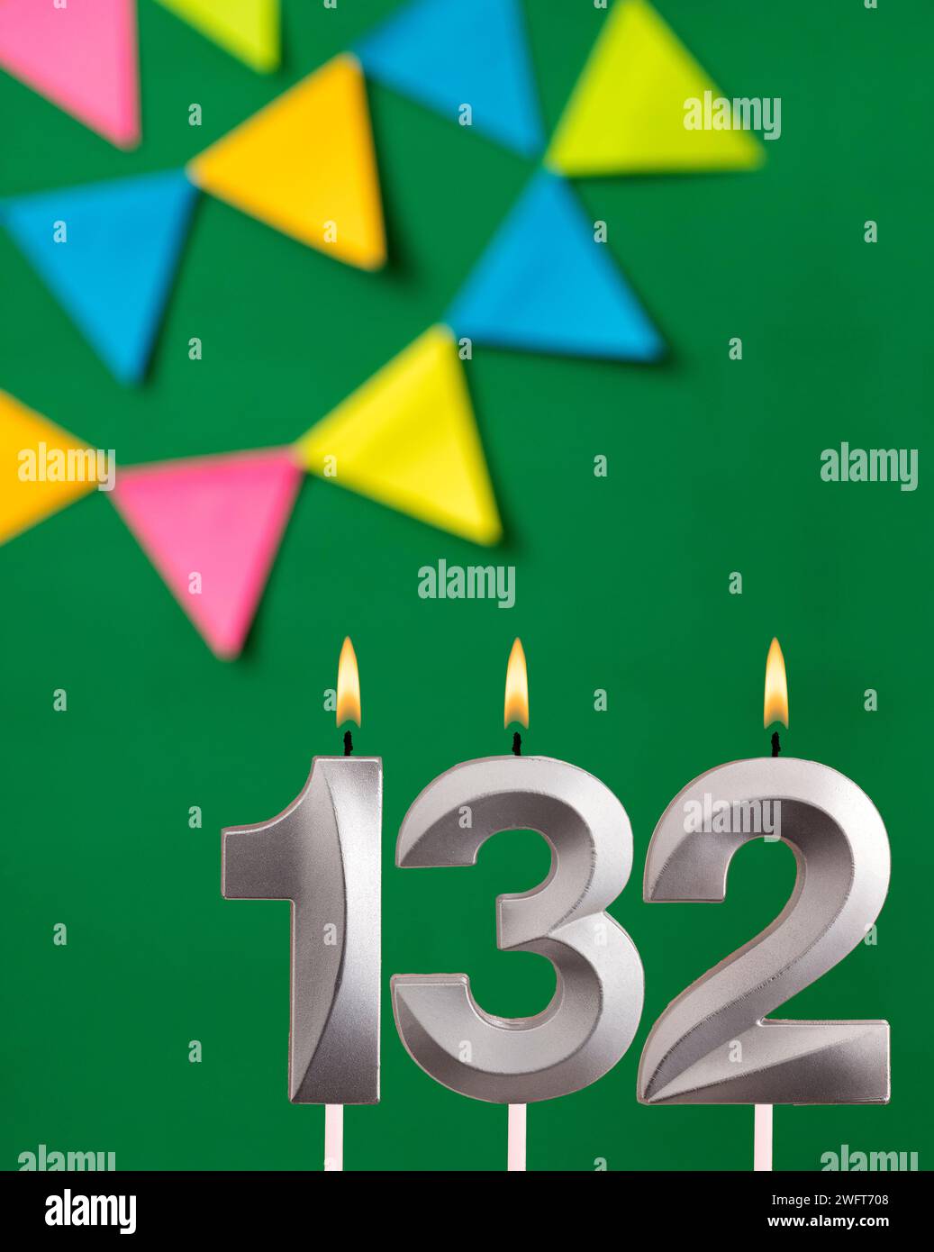 Candle number 132 birthday - Green anniversary card with pennants Stock ...