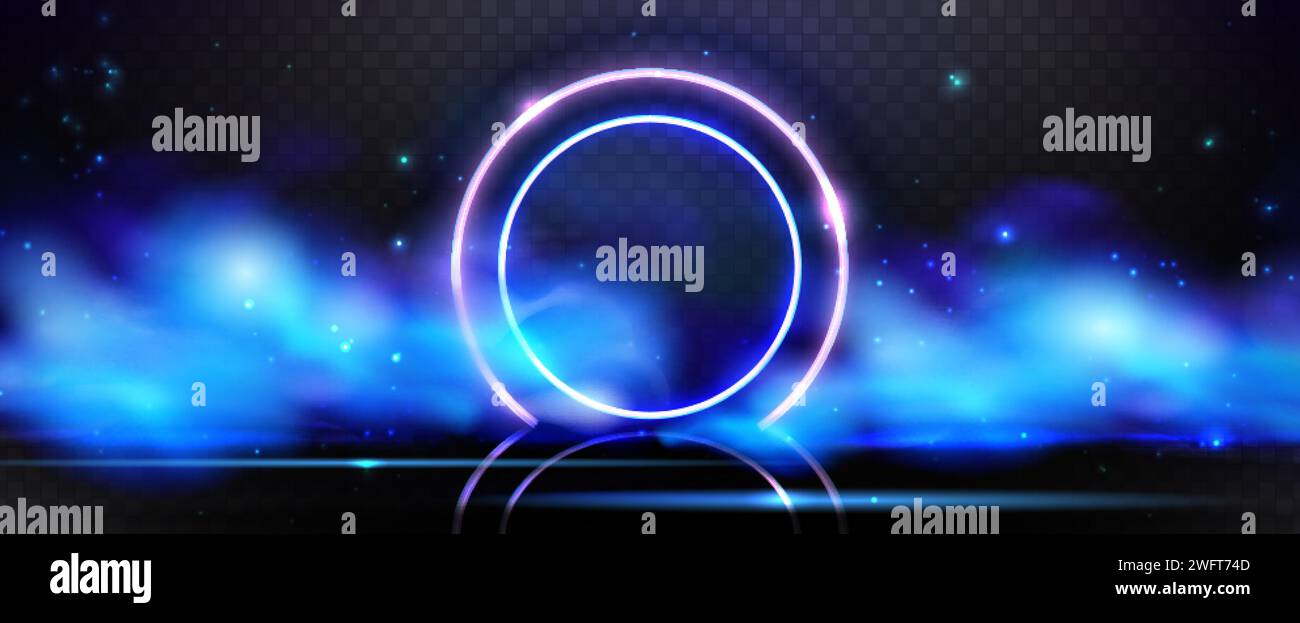 Neon led light circle frame and blue smoke with sparkles on dark ...