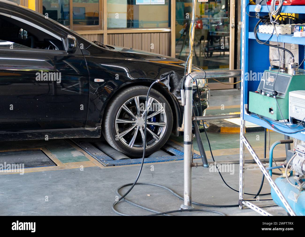 Brake test performance front wheel drive in a car laboratory with the ...