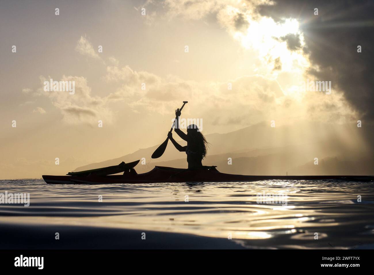 French Polynesia, Tahiti: surfing site at Teahupo'o: silhouette of a ...