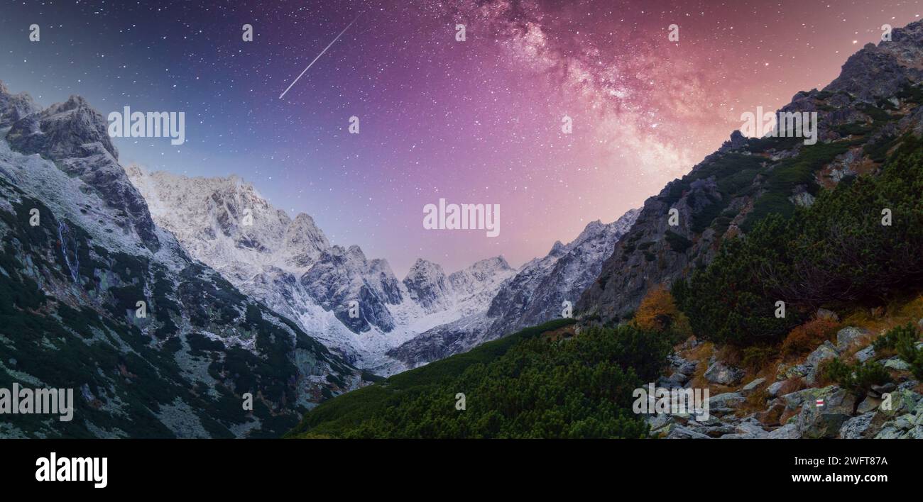 Snow-capped mountain peaks under starry night sky with visible Milky ...