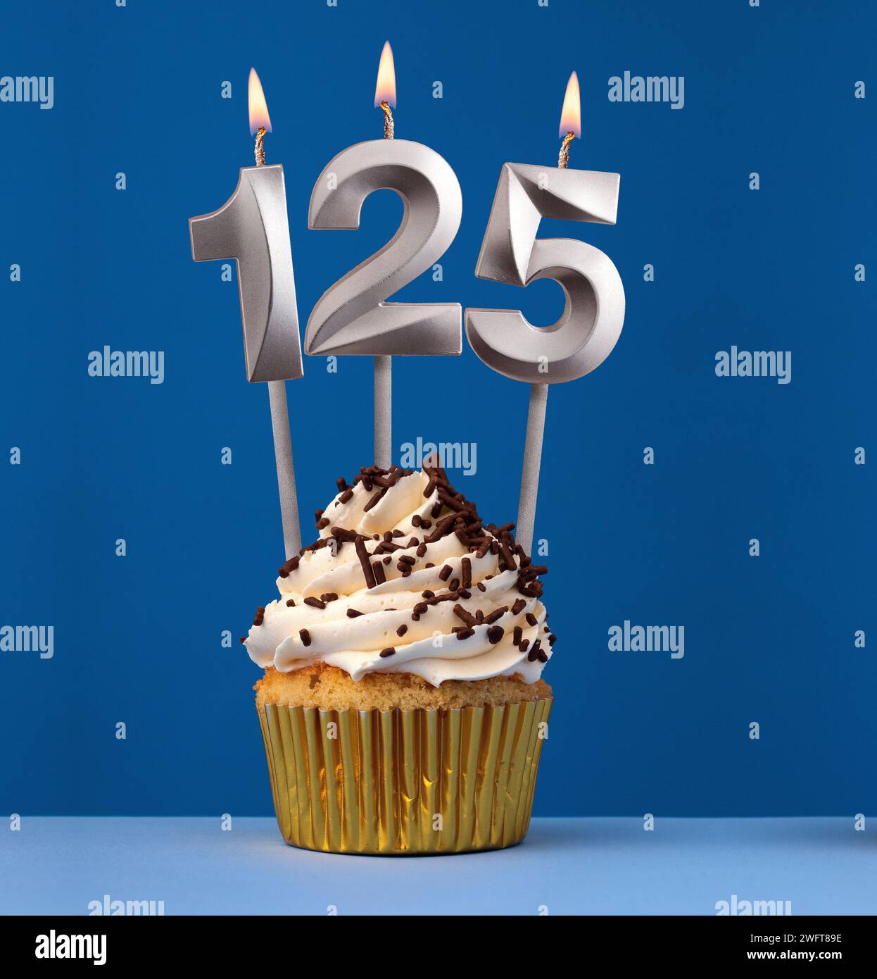 Burning candle number 125 - Birthday card with cupcake on blue ...