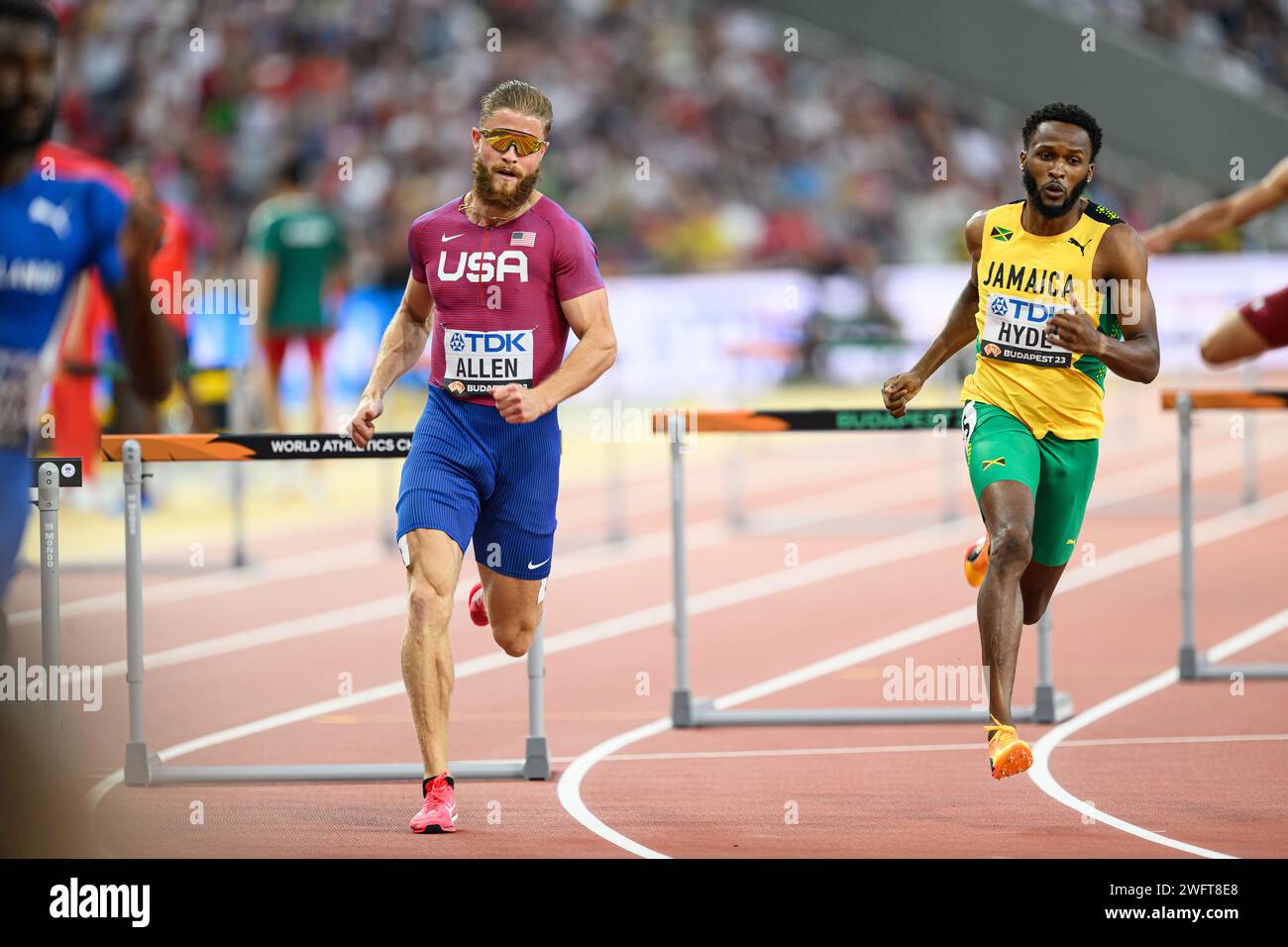 CJ ALLEN participating in the 400 meters hurdles at the World Athletics ...