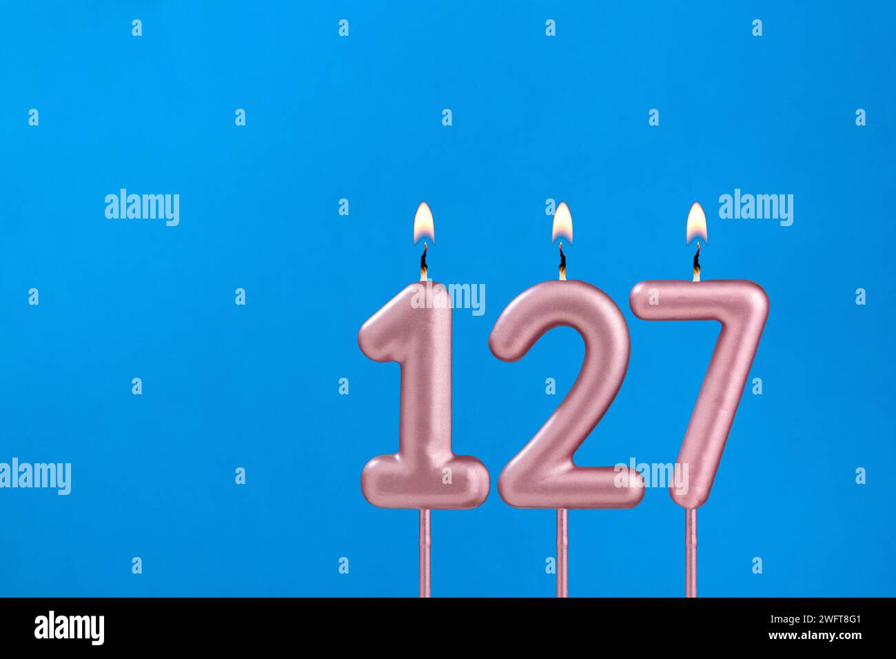 Birthday card with number 127 - Burning anniversary candle on blue ...