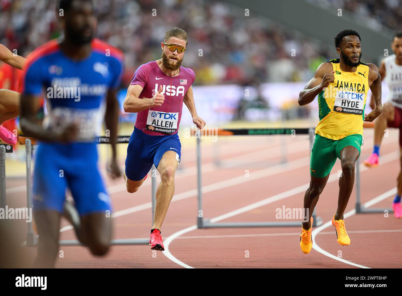 CJ ALLEN participating in the 400 meters hurdles at the World Athletics ...