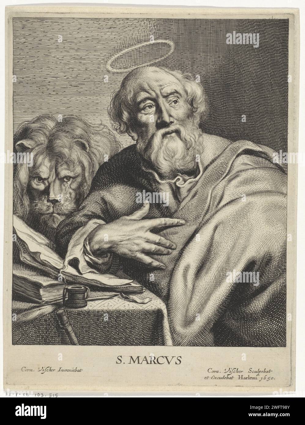Evangelist Marcus with Leeuw, Cornelis Visscher (II), 1650 print ...