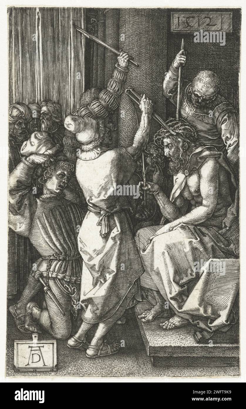 De Doornenkroning, Albrecht Dürer, 1512 print Christ, sitting on an elevation, gets a crown of ...