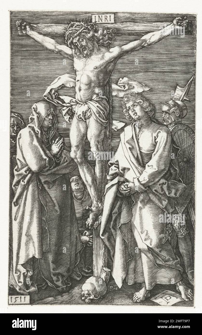 De Kruisiging, Albrecht Dürer, 1511 print Christ on the cross. On his left is John the ...