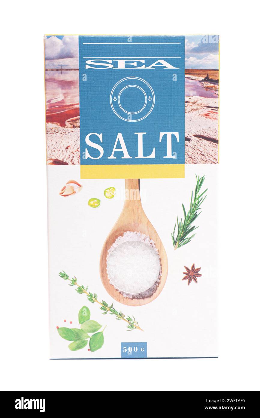 pack of sea salt isolated on white background Stock Photo - Alamy