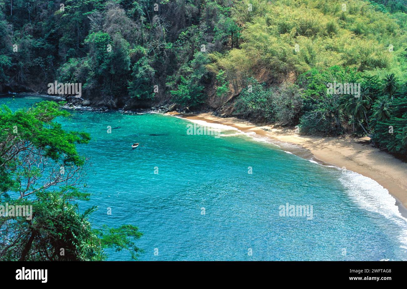 Englishmans Bay the sand beach trees and sea Tobago West Indies Stock ...