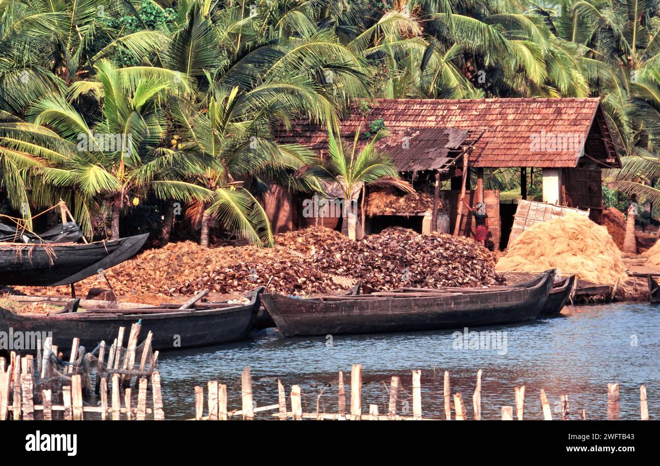 Rural India dried fibre and coconut husks of a coir factory in heaps on ...