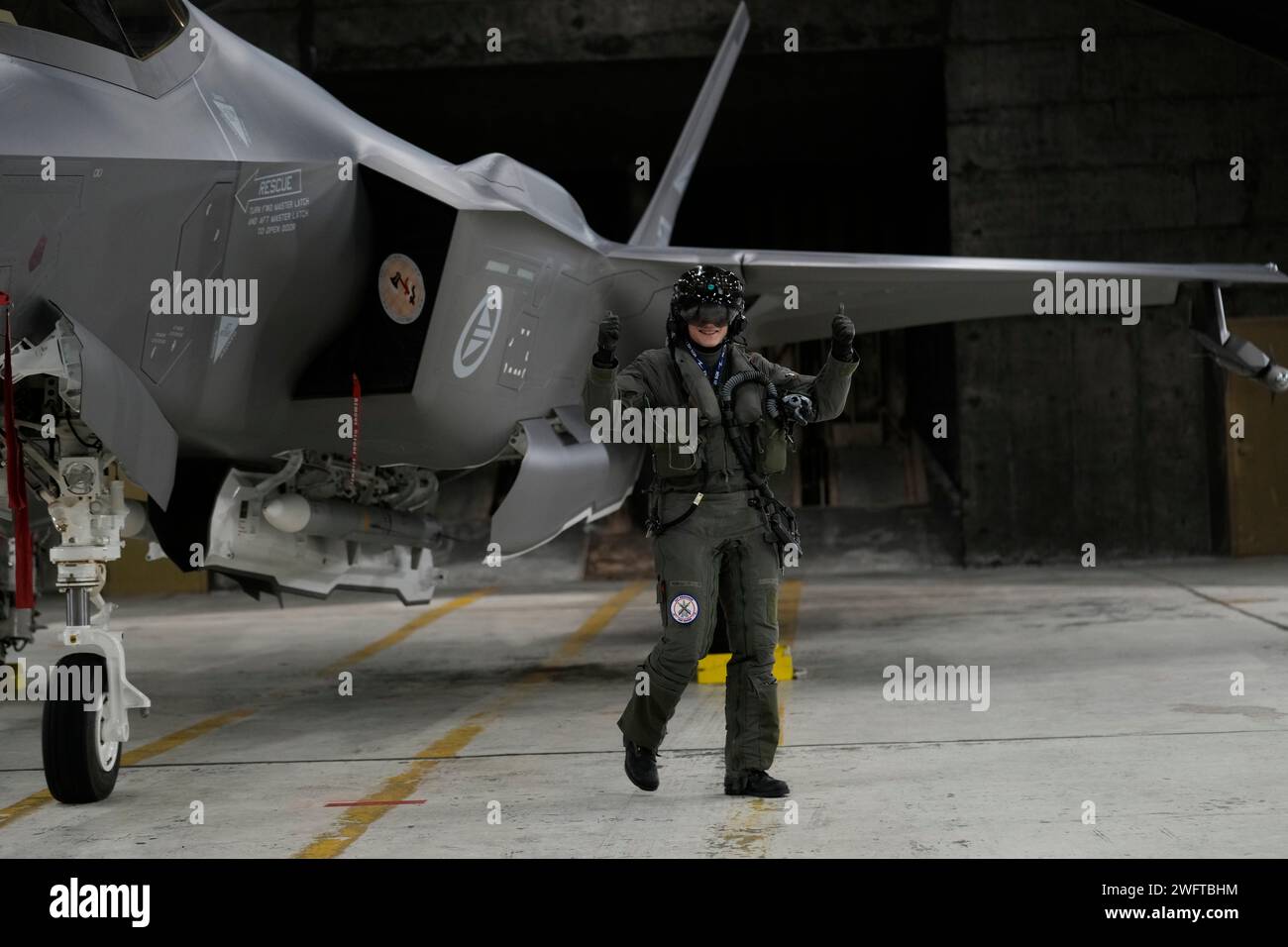A Norwegian F-35 fighter plane in place in a hangar at Keflavik in ...