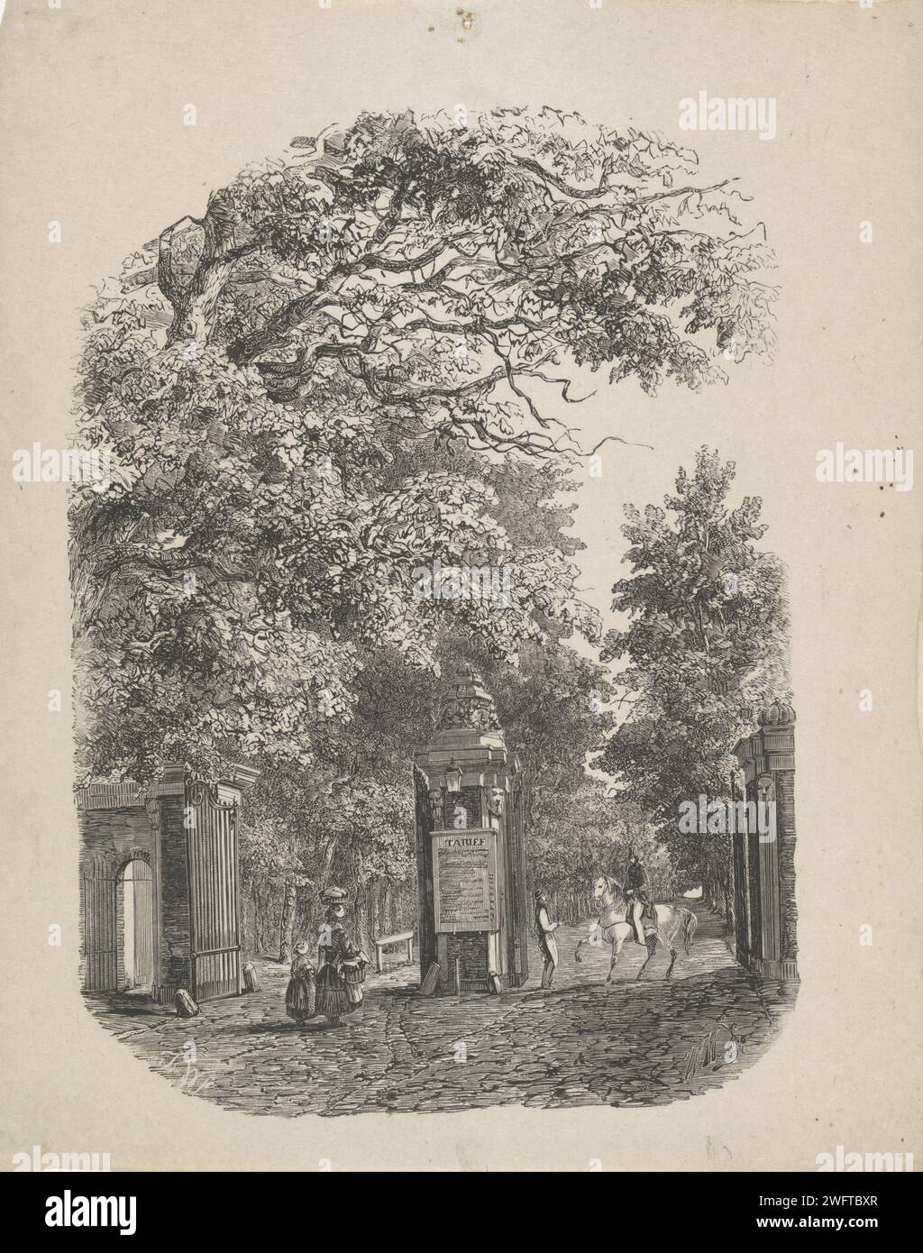 Figures at an entrance gate with a list of the rates, Isaac ...