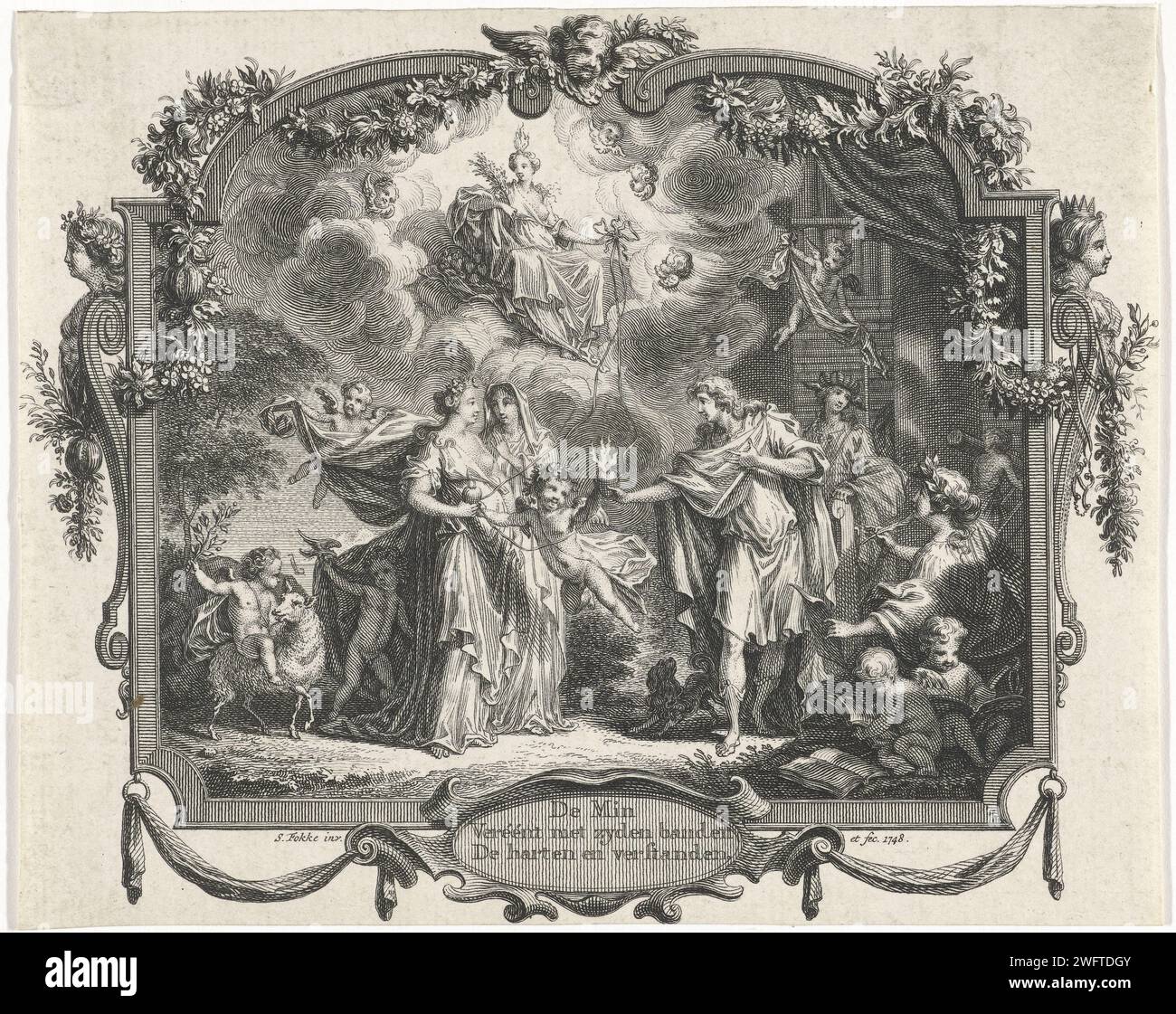 Allegory at marriage, 1748 print A couple is connected by a minus in ...