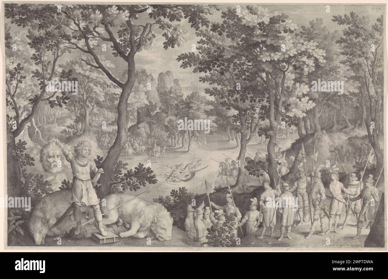 David and Goliat, Nicolaes de Bruyn, 1609 print In the middle the ...