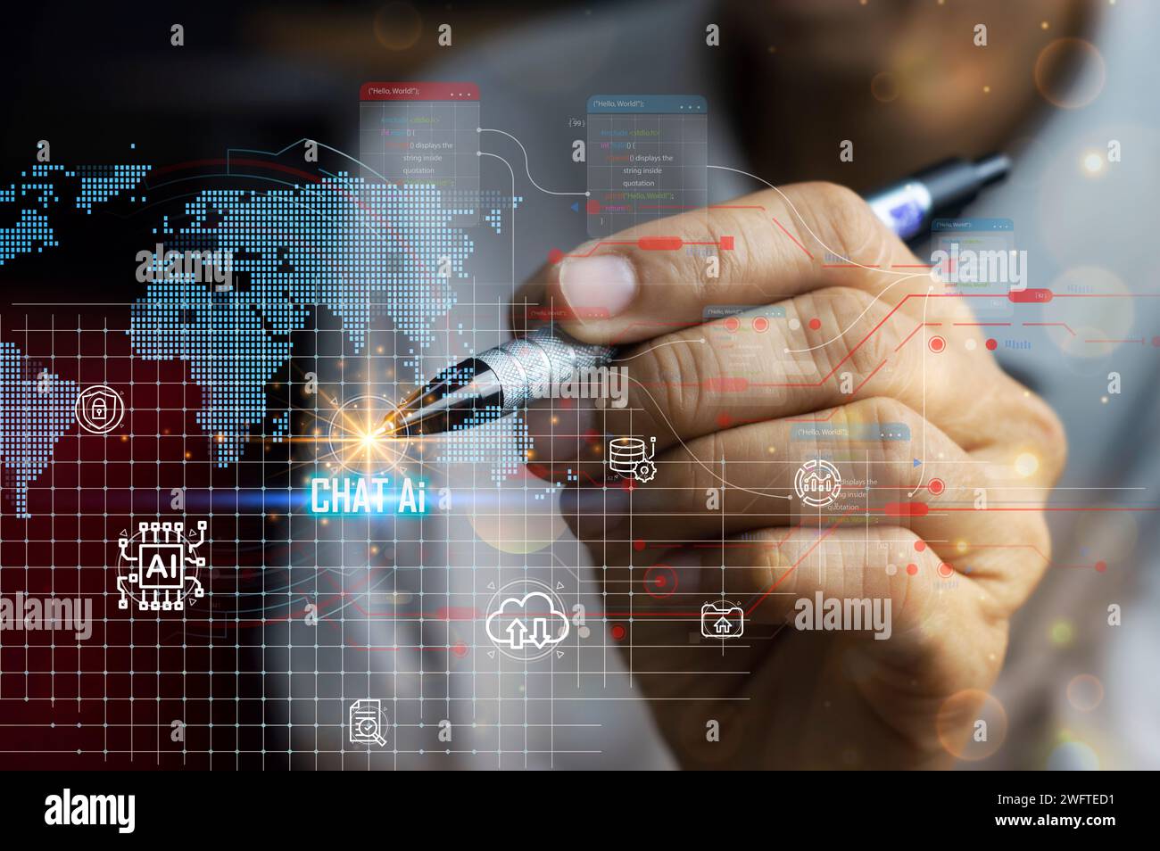 Ai tech, businessman show virtual graphic Global Internet connect Chatgpt Chat with AI ...