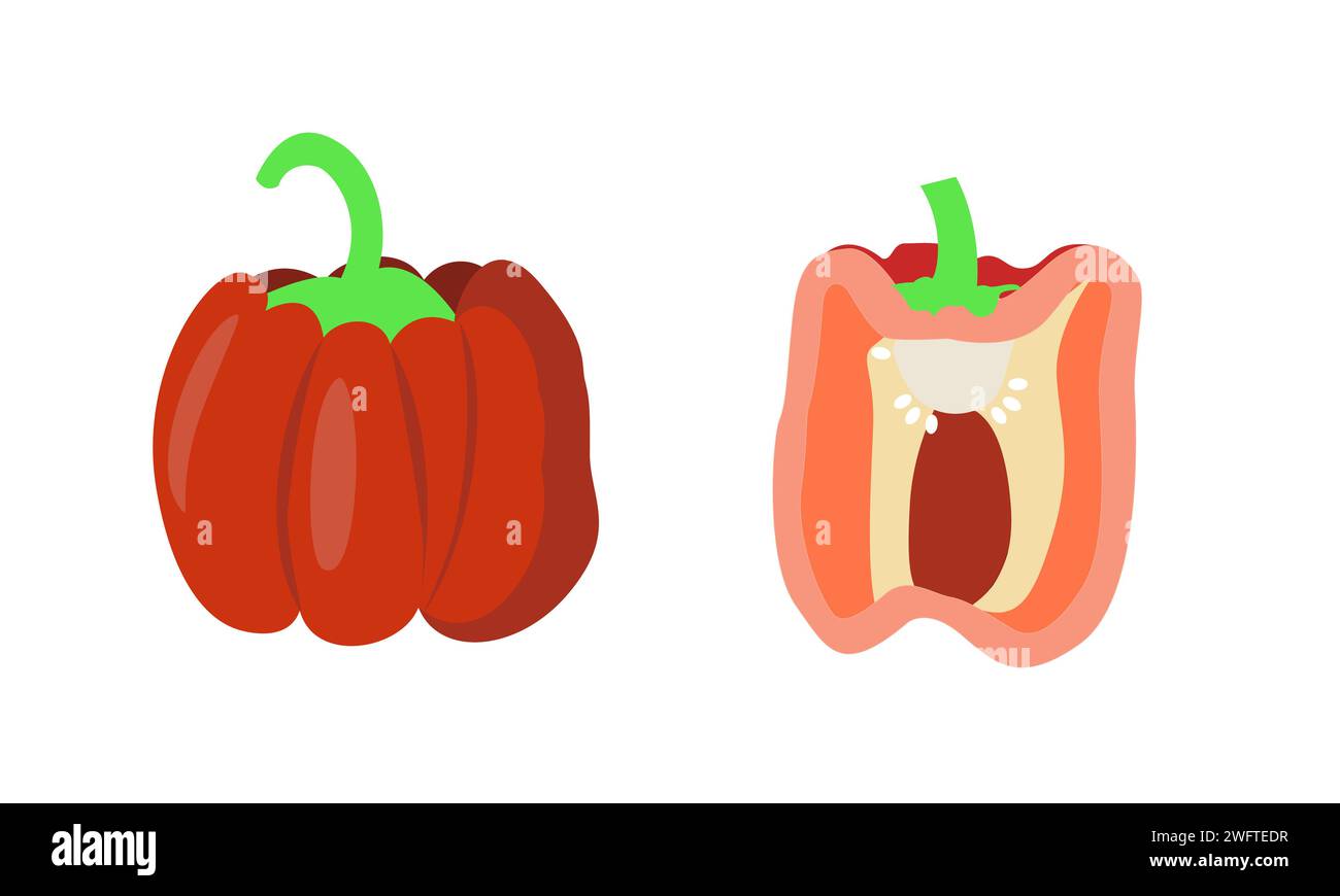 Set of red bell pepper whole and half cut. Isolated on white background ...
