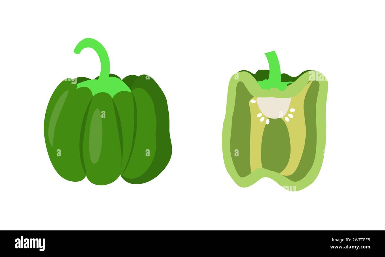 Set of green bell pepper whole and half cut. Isolated on white ...