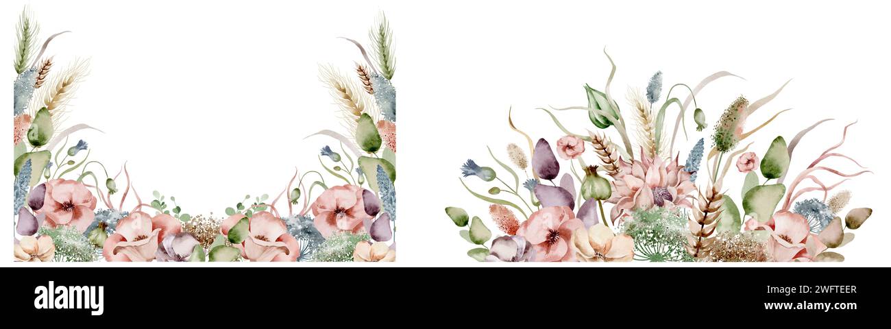 Flowery Corner border and border. Watercolor wildflowers herbal meadow ...