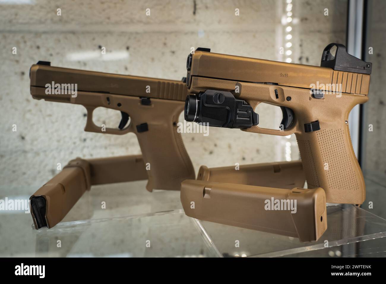 Firearms, modern pistols g19x on display in a store, close-up photo ...