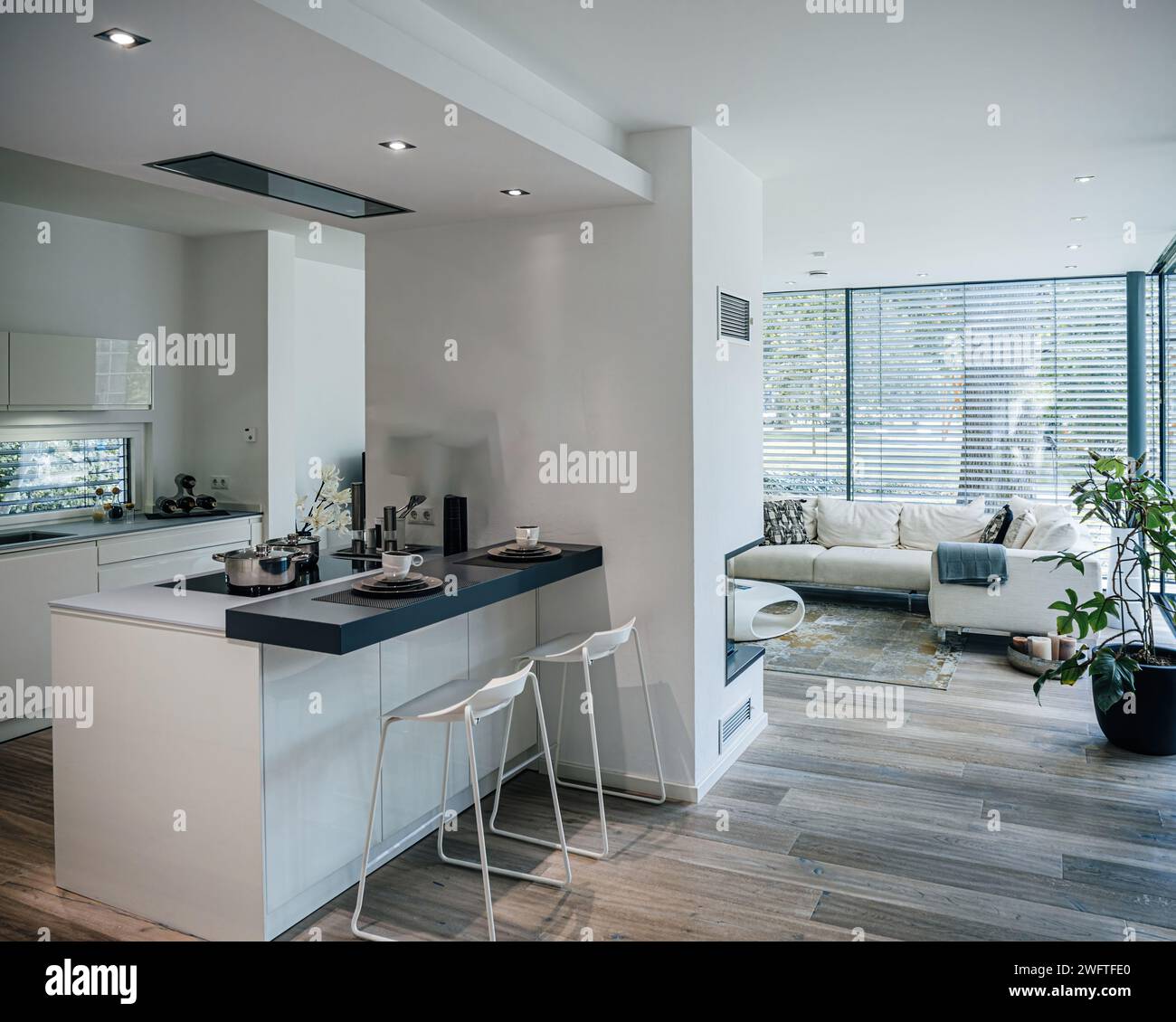 Modern interior design featuring an open concept kitchen and cozy ...
