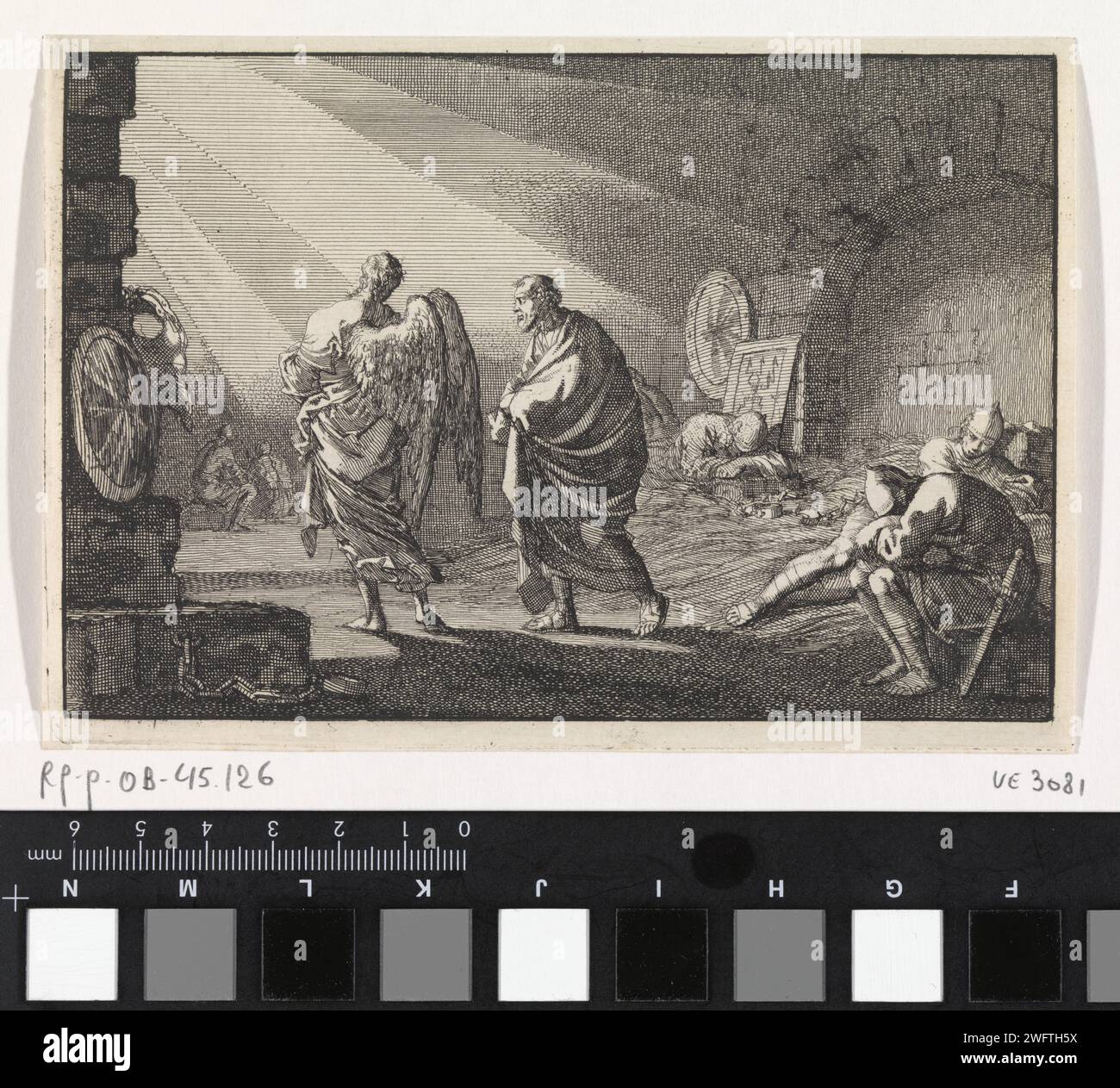 Peter liberated by the angel from prison, Jan Luyken, 1703 print Print ...