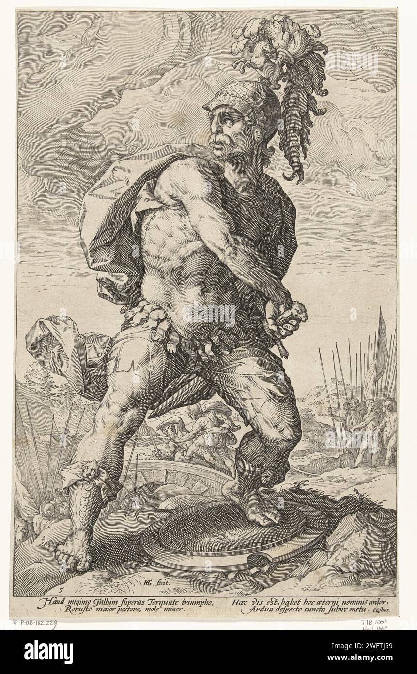 Titus Manlius, 1586 print The hero Titus Manlius Torquatus, while ...