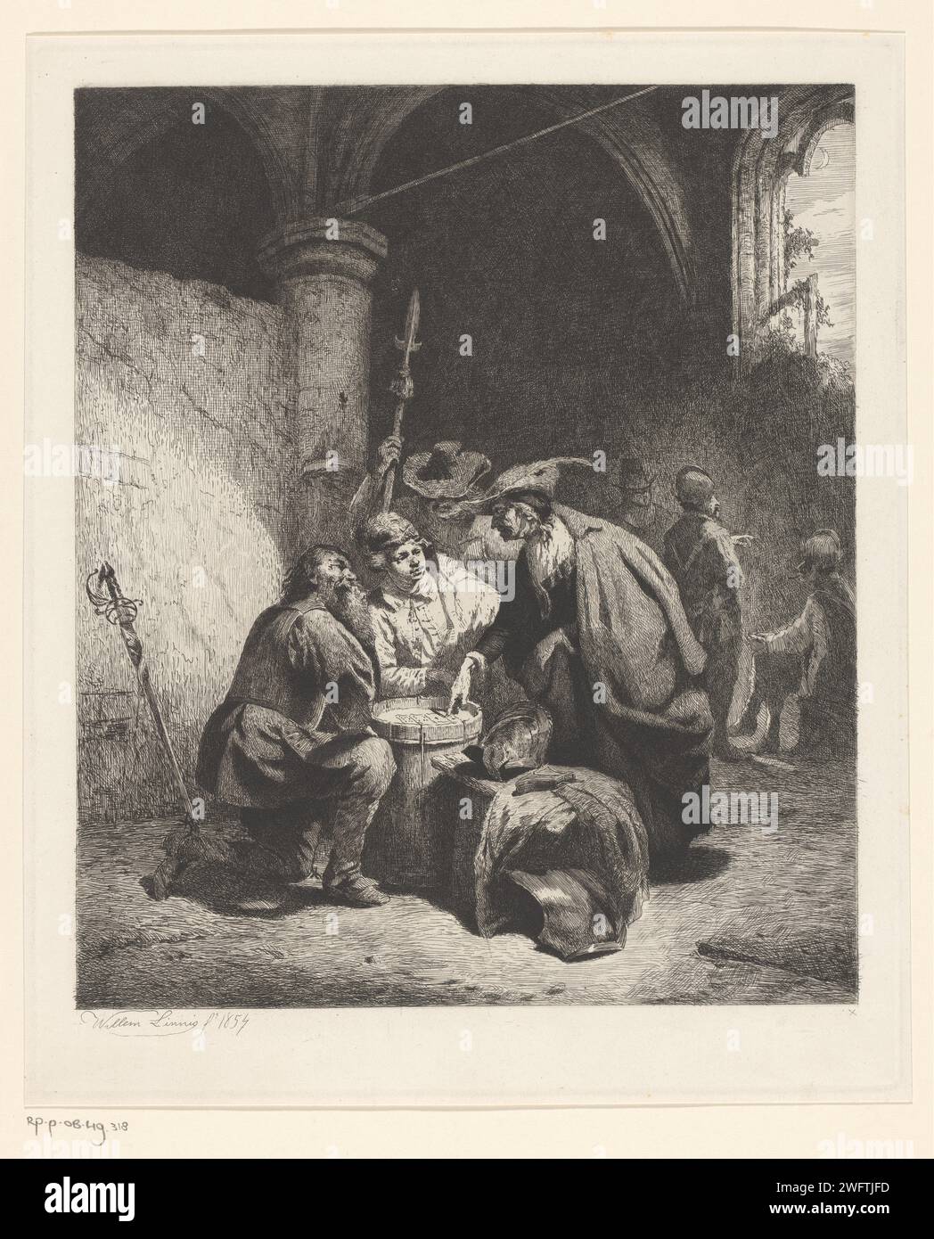 Map playing soldiers, Willem Linnig (I), 1857 print paper etching guard ...