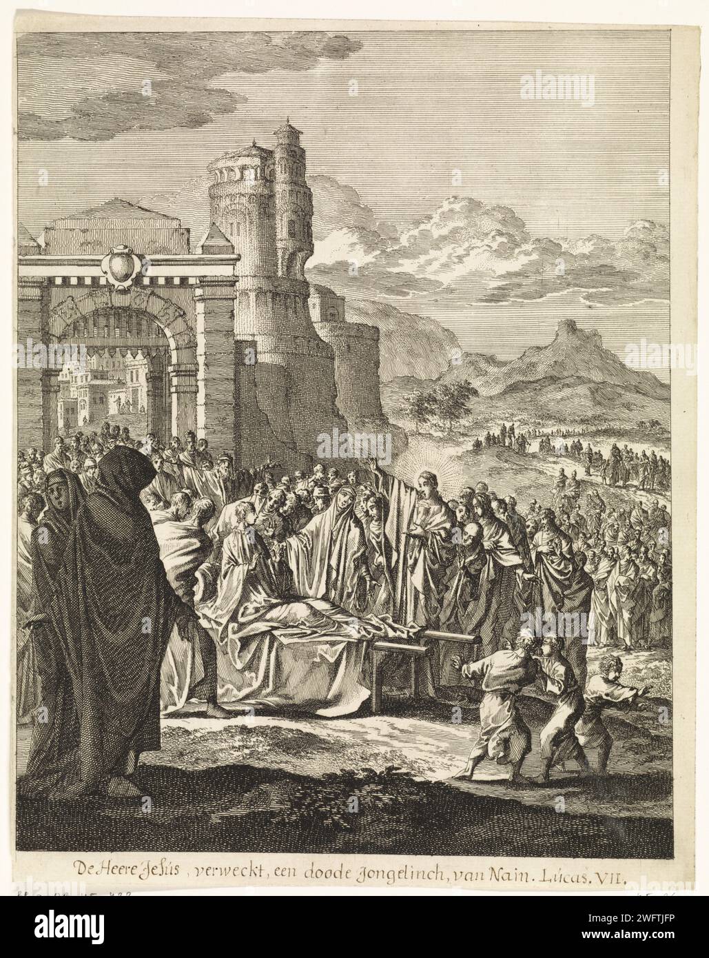 Revival of the son of the widow in Nain, Jan Luyken, 1708 print ...