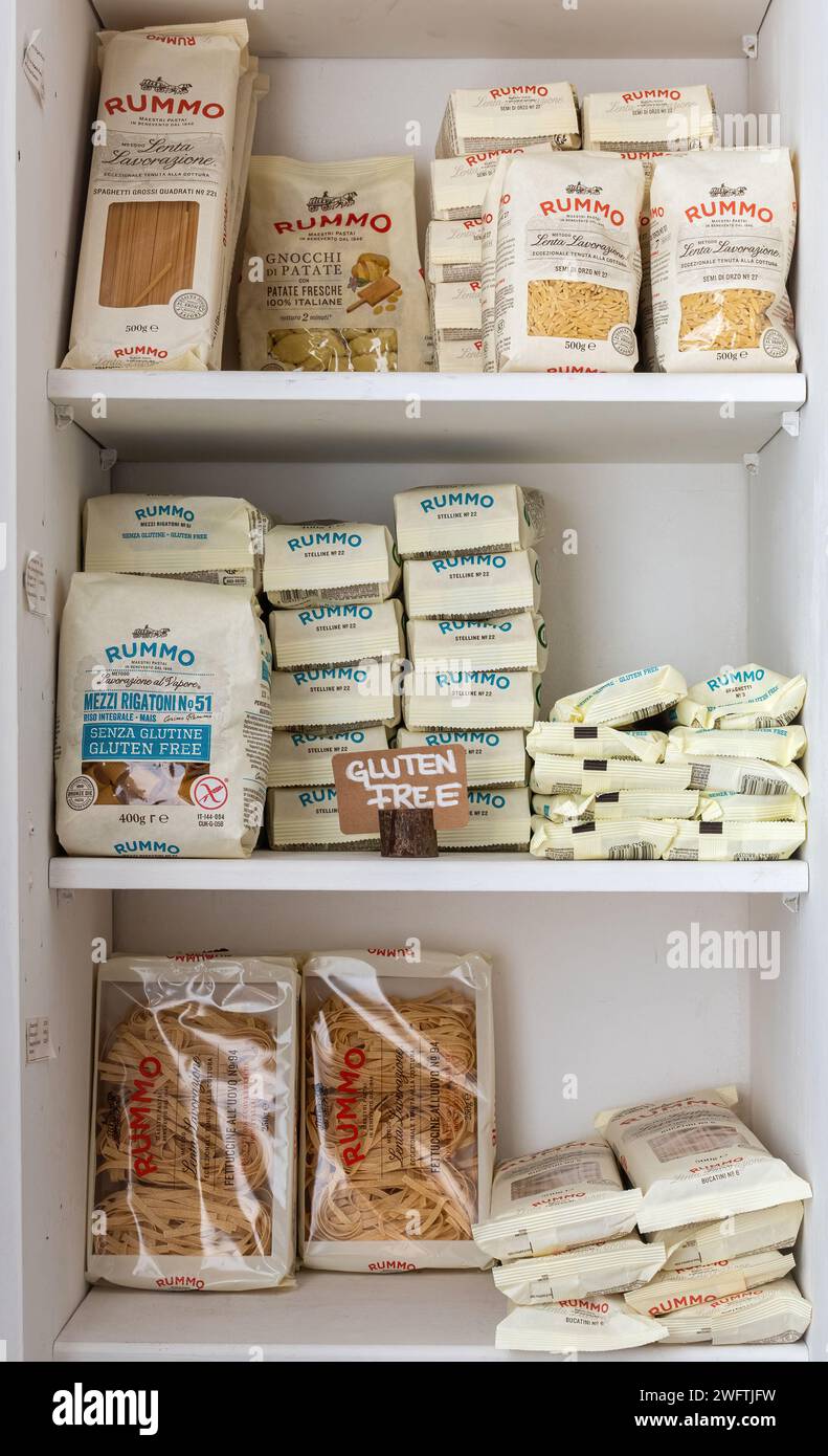 Selection of authentic Italian pasta for sale in an Italian grocery ...